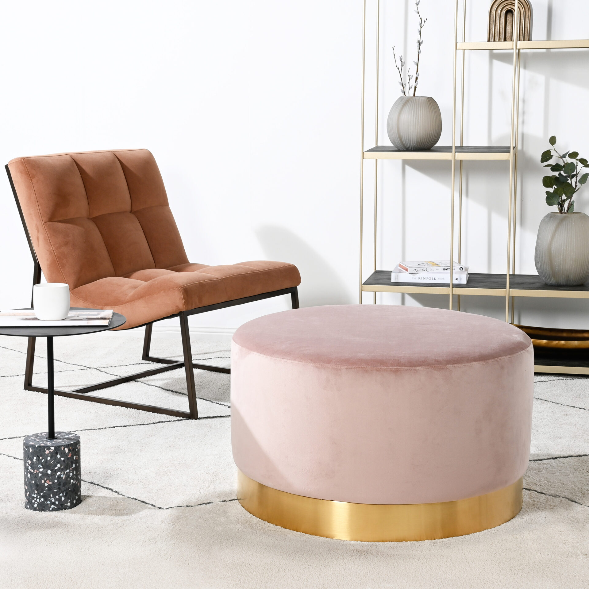 Round Pink Velvet Ottoman