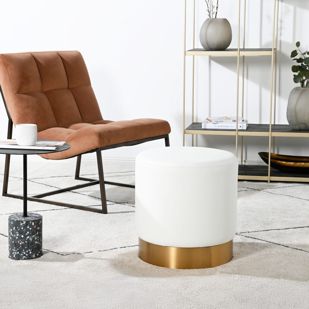 Round Beige Leather Ottoman