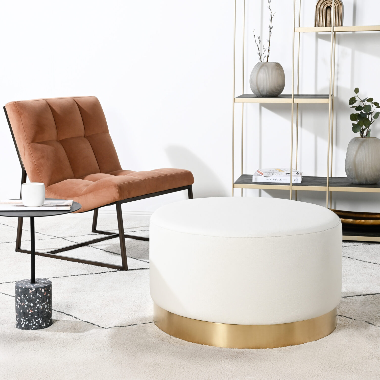 Round Beige Leather Ottoman