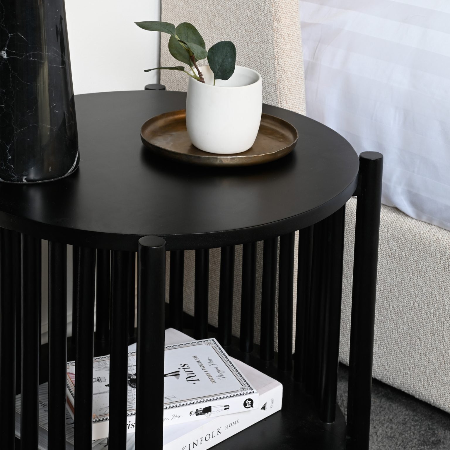 Black wood round bedside table
