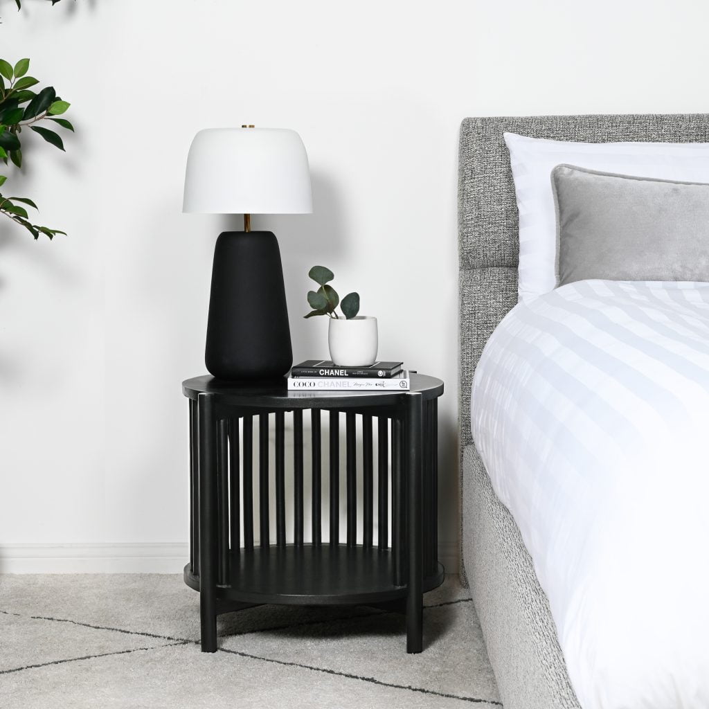 Black wood round bedside table
