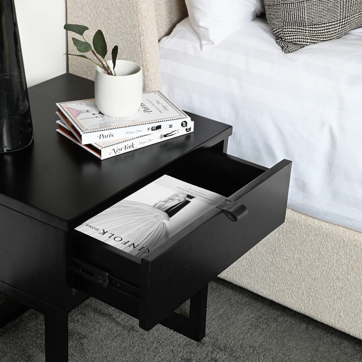 Black wood bedside table