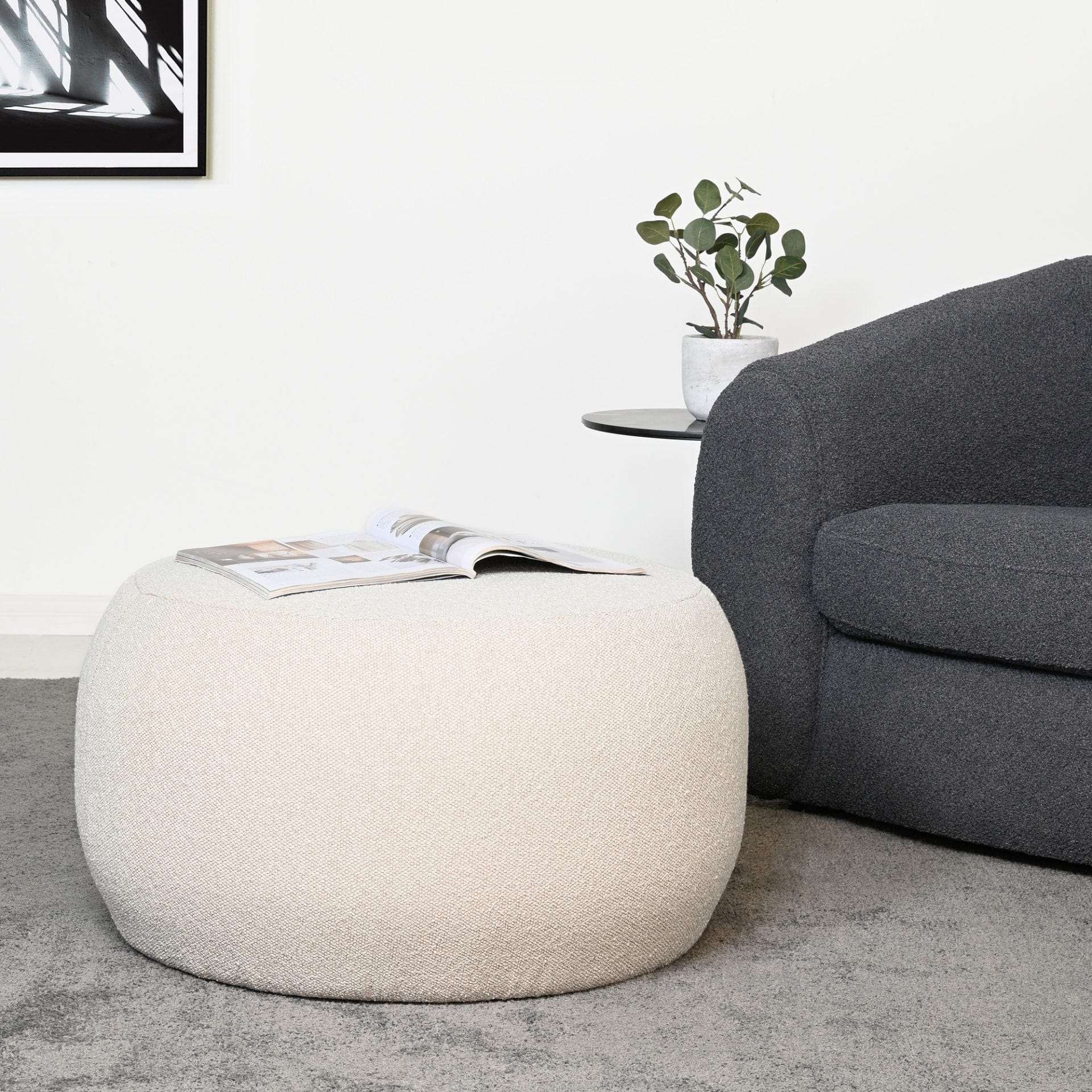 Round Beige Fabric Ottoman