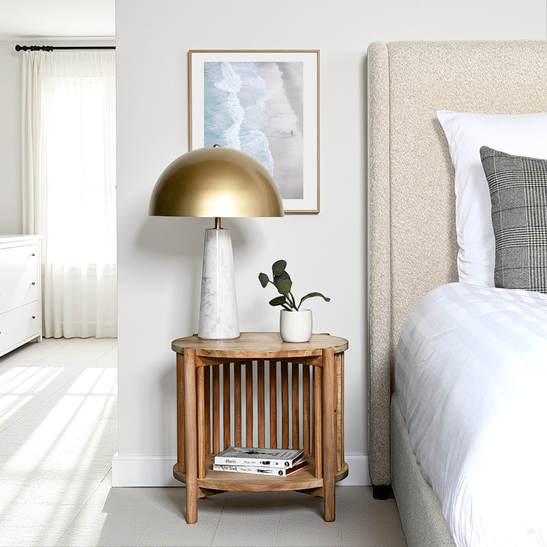 Natural wood round bedside table