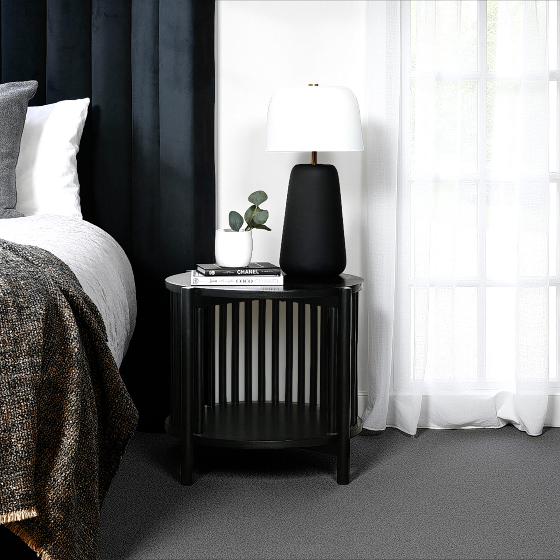 Black wood round bedside table
