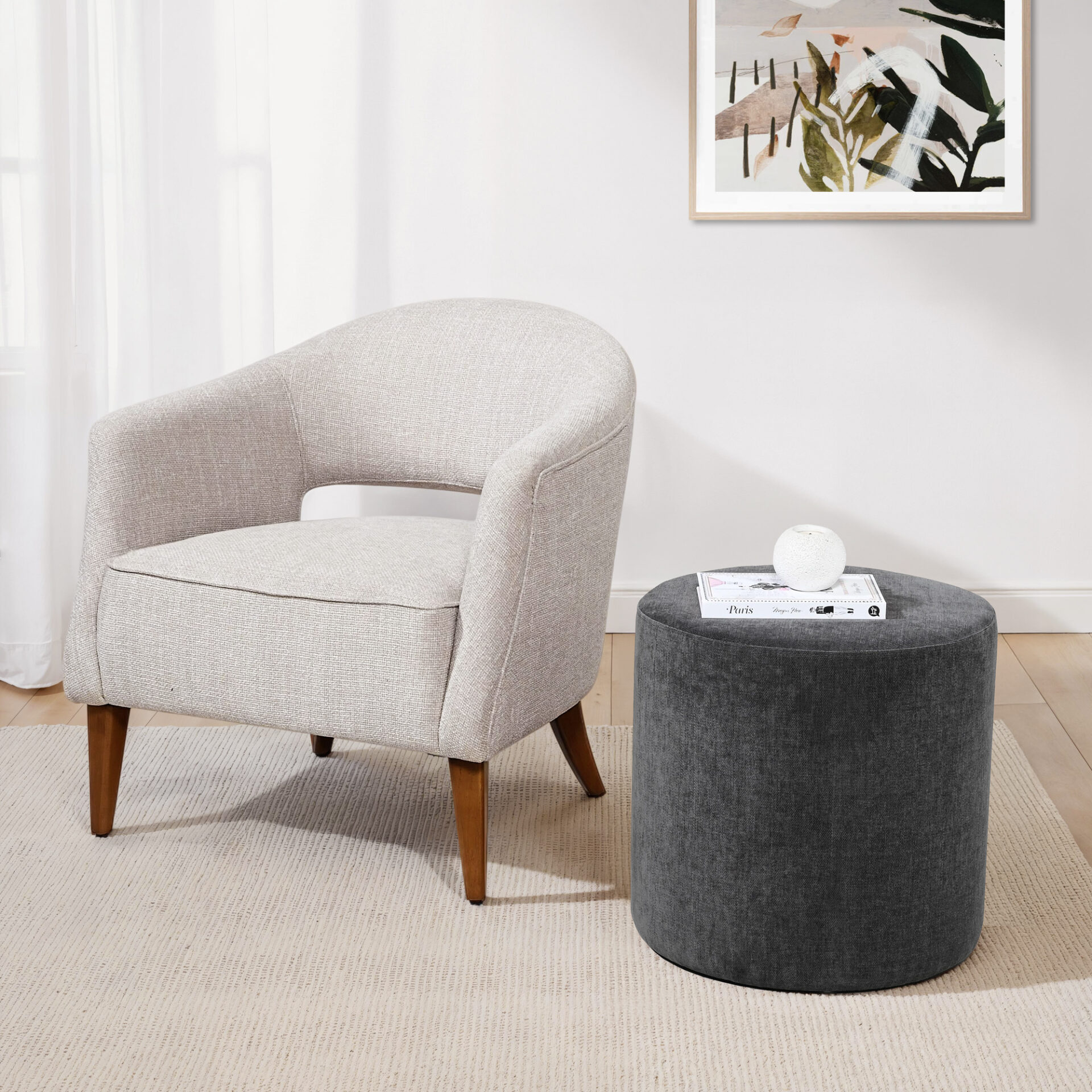 Grey round velvet chenille ottoman
