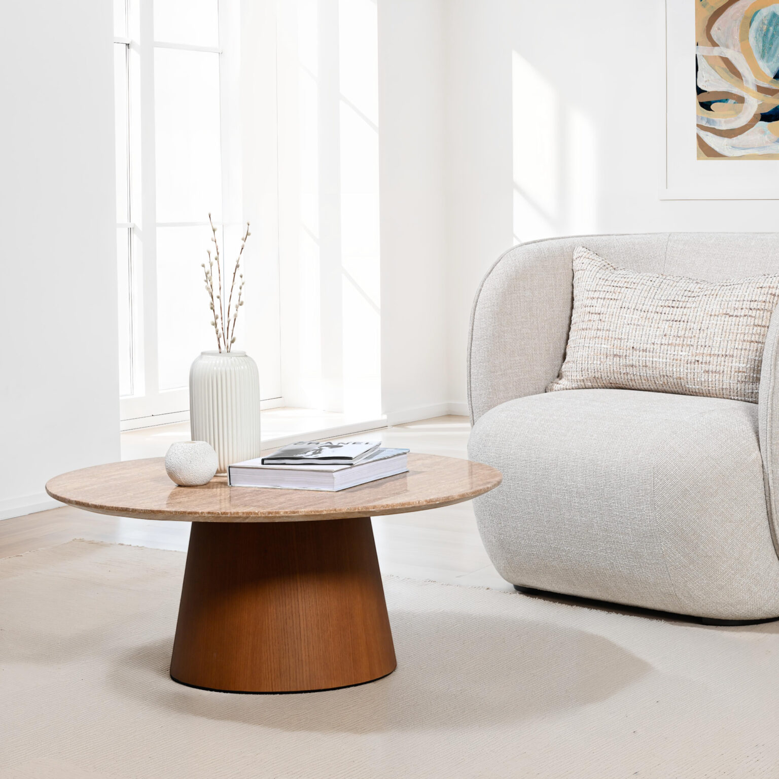 Round sandstone wood coffee table
